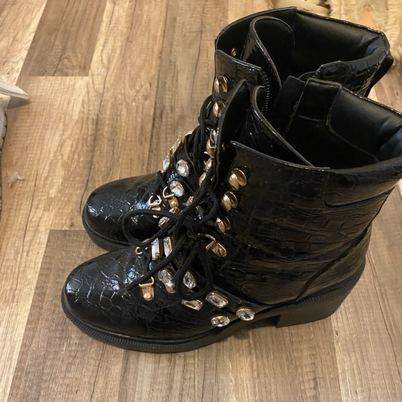 Shoes | Simmi Black Patent Leather Gem Boots One Gem Is Missing But Can ...